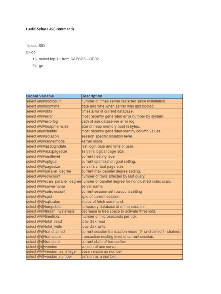 Useful Sybase ASE Commands | PDF