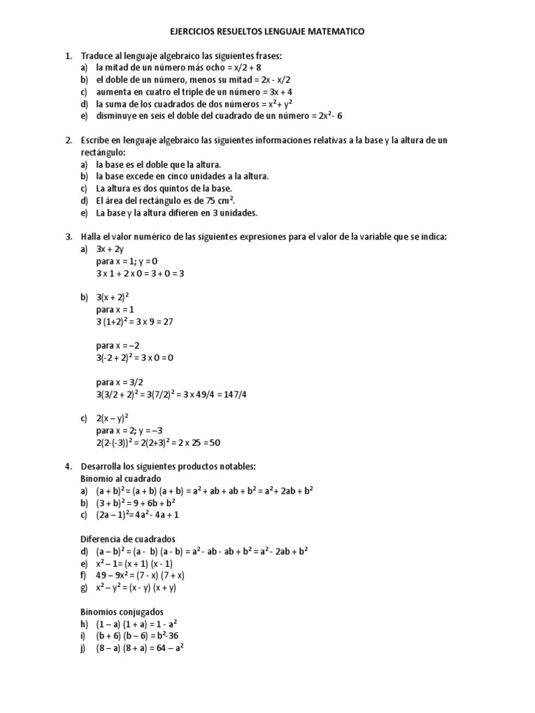 Ejercicios Resueltos Lenguaje Matematico | Concentración | Álgebra