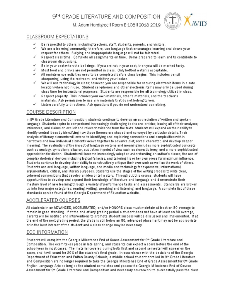 9th Honors Syllabus 2018-19 | PDF | Homework | Teachers