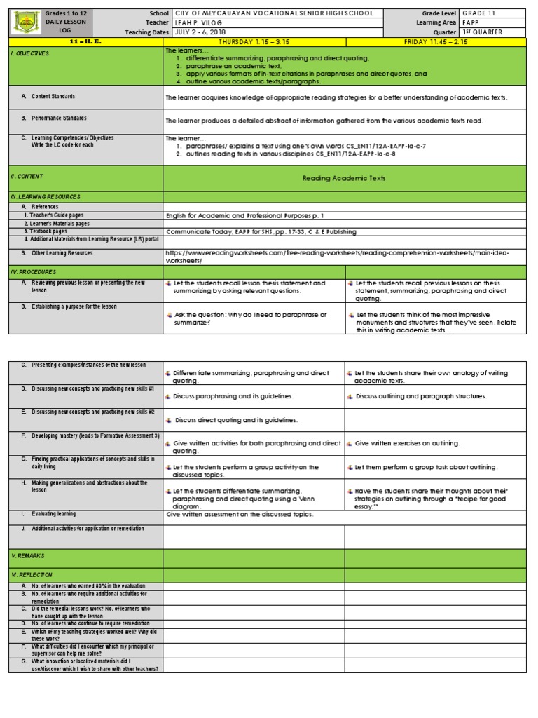 5thweekDLL EAPP | PDF | Teachers | Learning