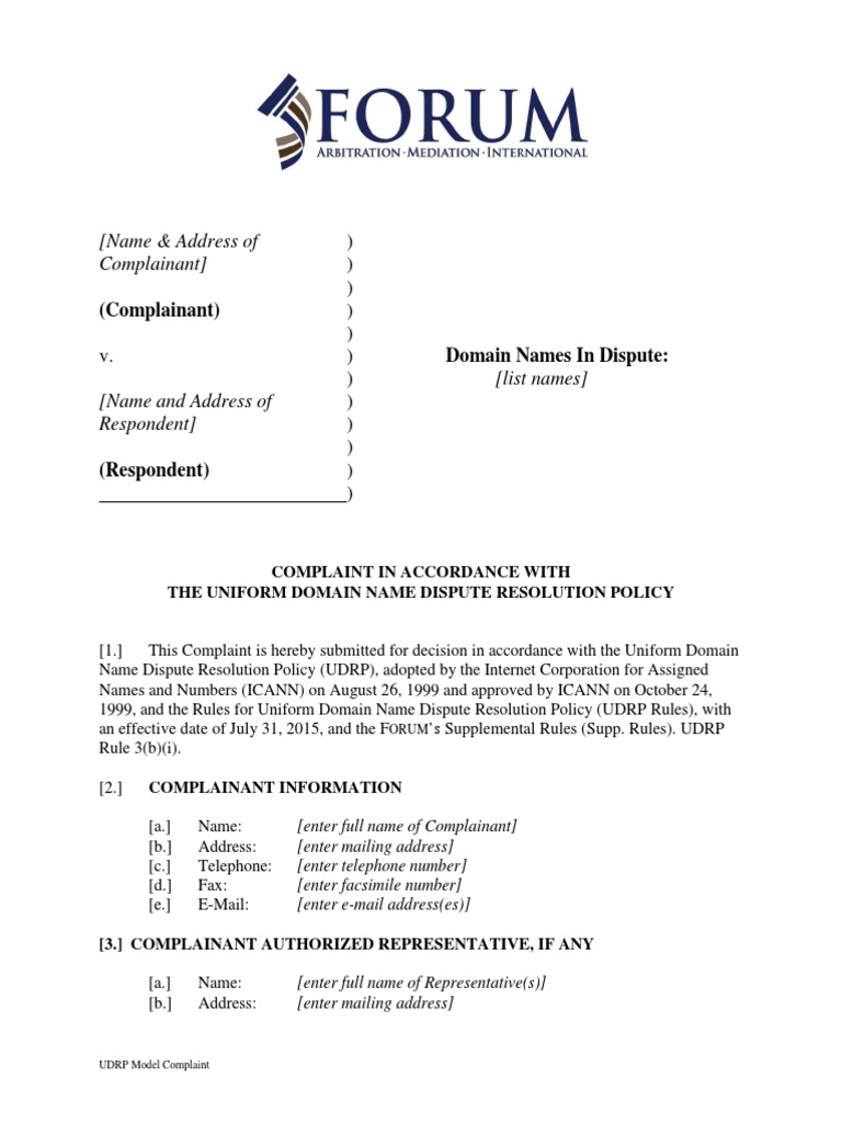 UDRP Model Complaint 2016 | PDF | Domain Name | Domain Name Registrar