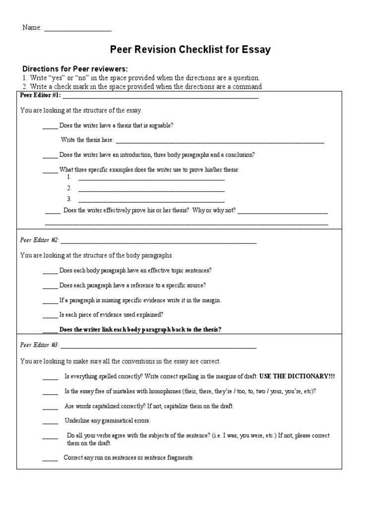 Essay Peer Review Checklist | PDF | Essays | Question