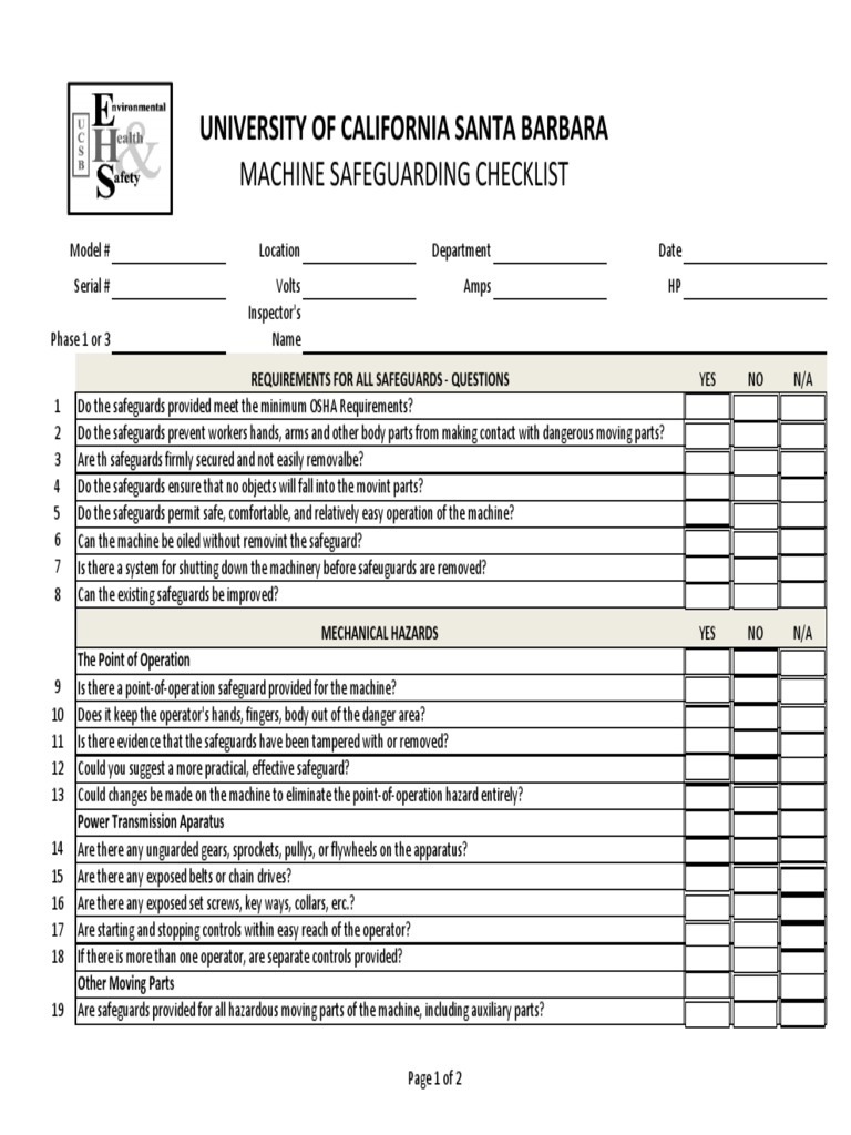 University of California Santa Barbara: Machine Safeguarding Checklist ...