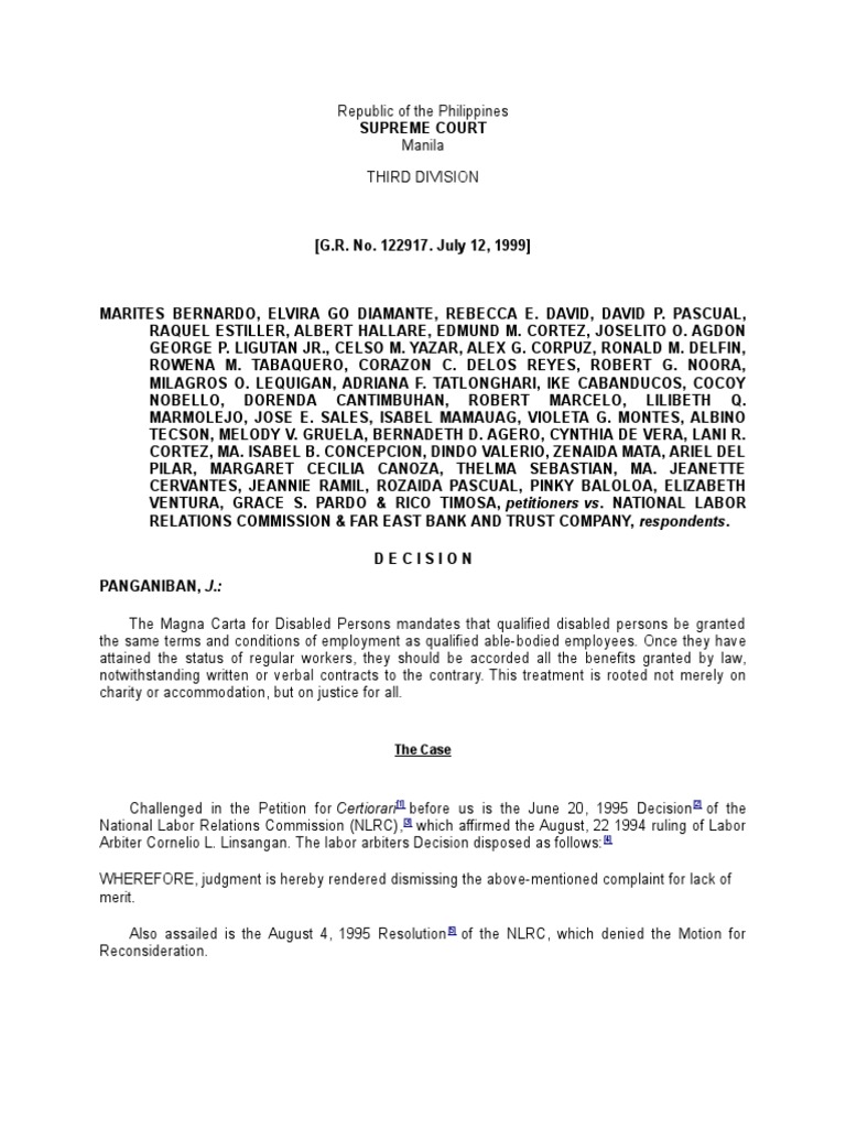 Bernardo Et Al Vs NLRC and Far East Bank GR No. 122917 | PDF | Employment | Overtime