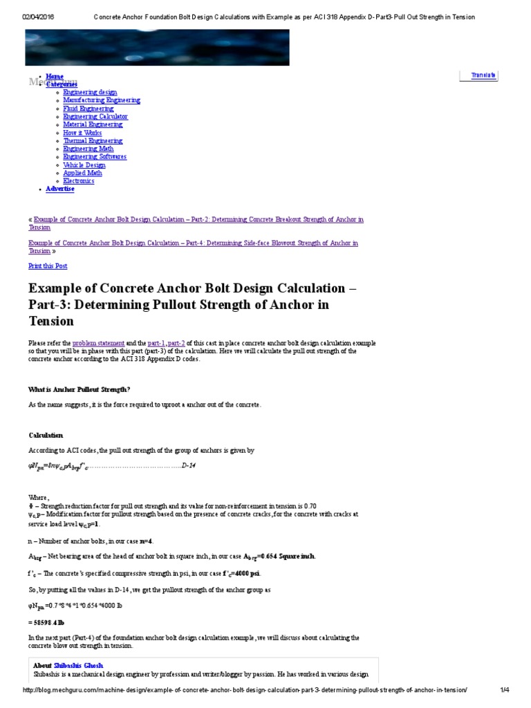 Concrete Anchor Foundation Bolt Design Calculations With Example As Per ...