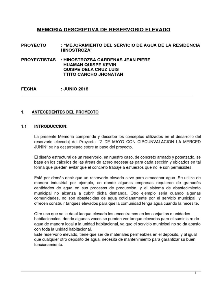 Memoria de Reservorio Elevado | PDF | Reservorio | Agua