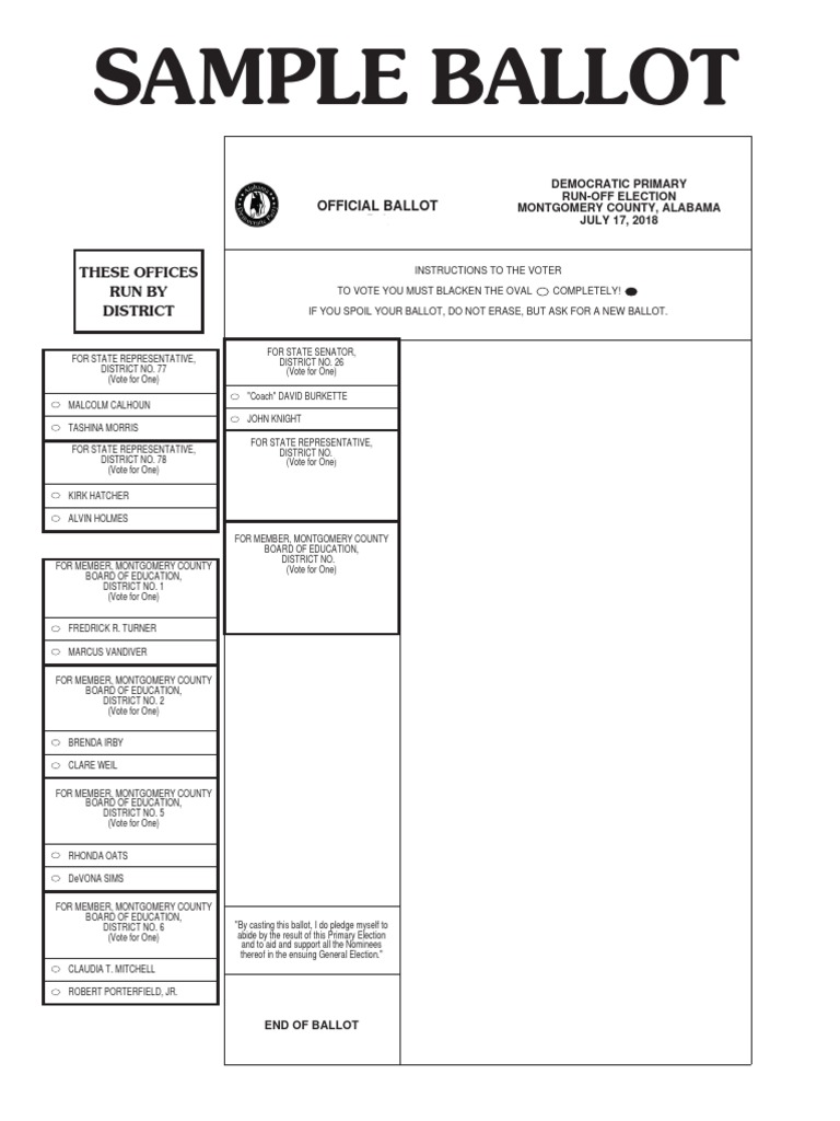 Sample Ballot - Democratic - Montgomery County - 2018 Runoff | PDF ...
