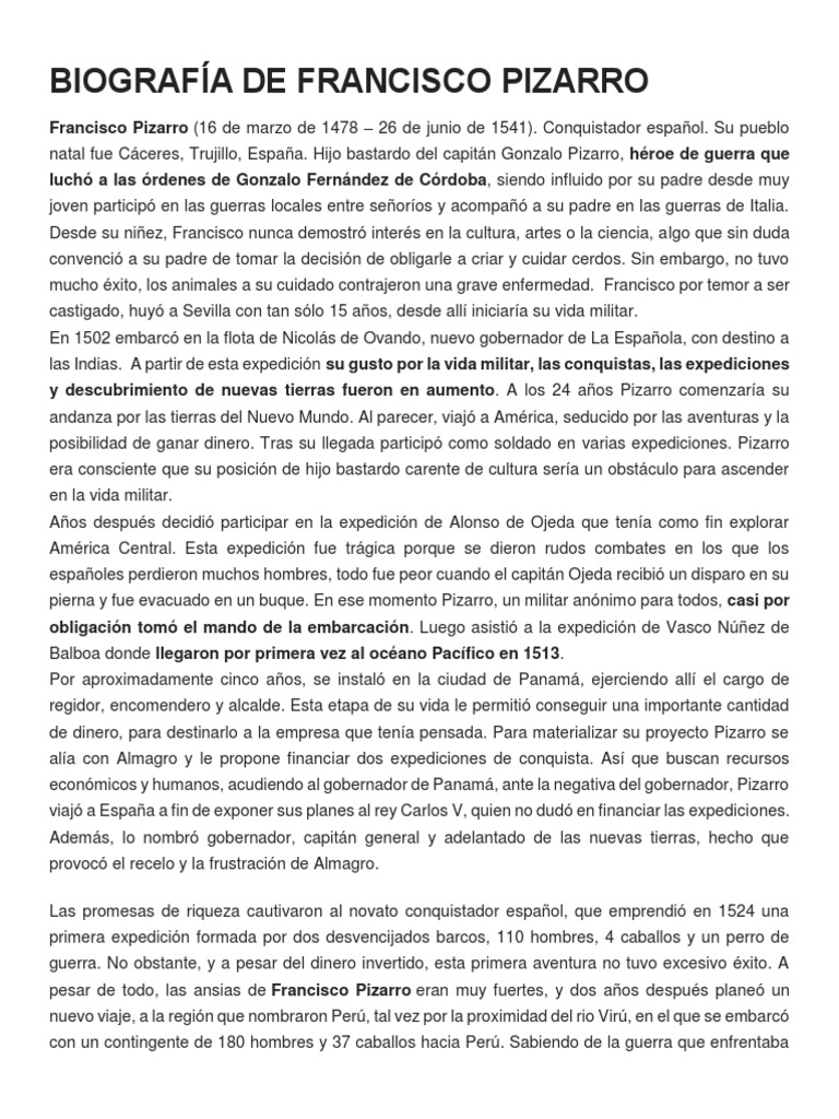 Biografía de Francisco Pizarro: Conquistador | PDF | Francisco Pizarro ...