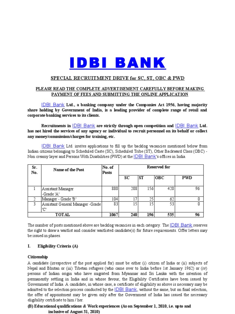 IDBI Bank Advertisement For Recruitment | PDF | Recruitment | Business
