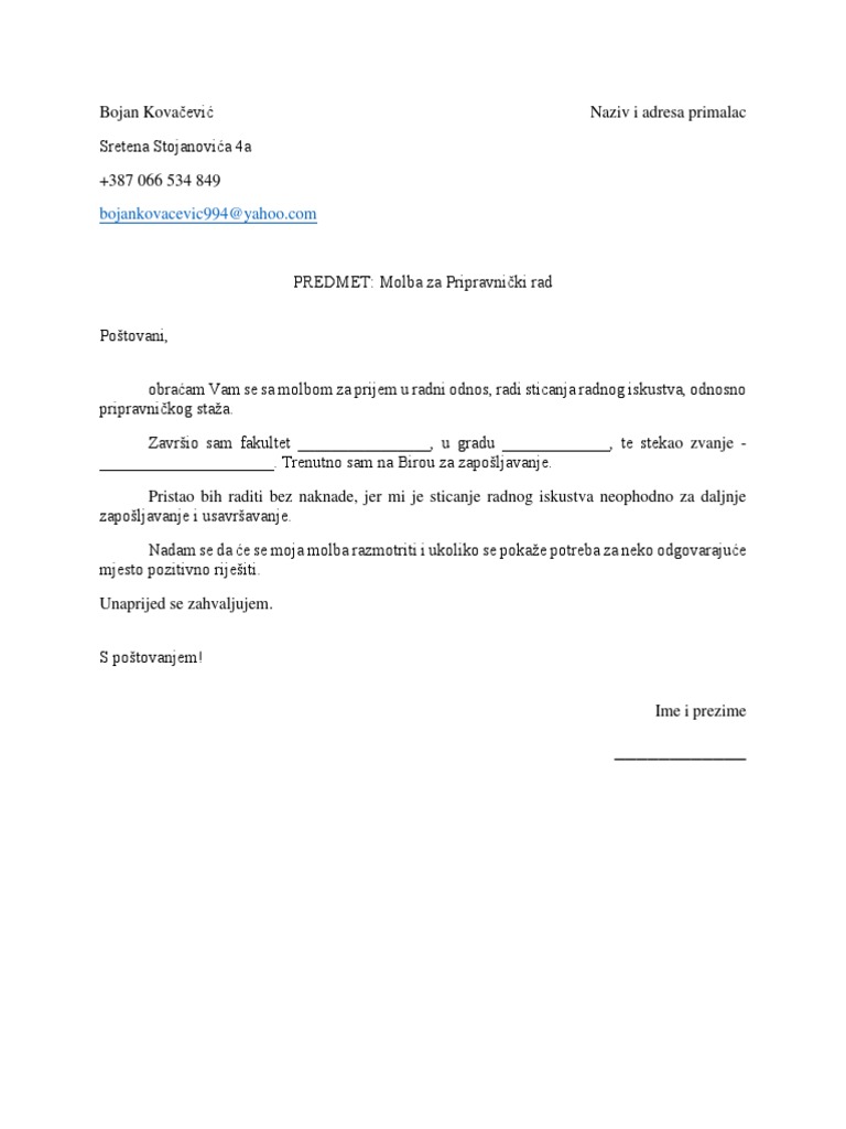 Molba Za Pripravnicki Rad | PDF