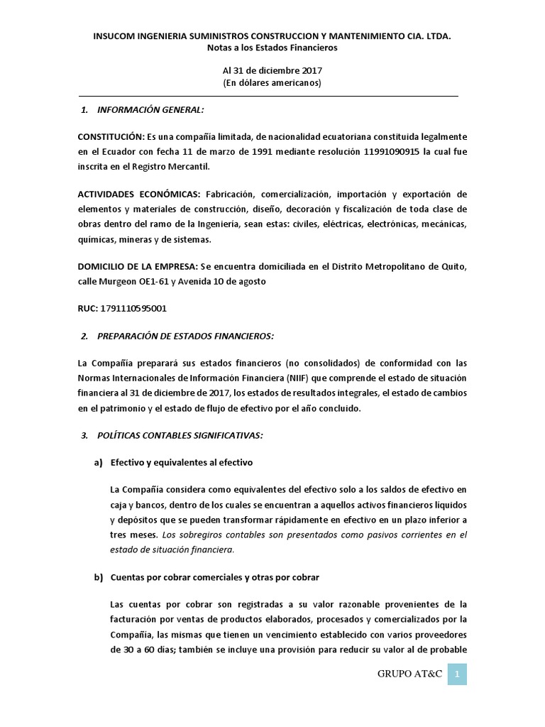Ejemplo De Notas A Los Estados Financieros Impuesto Sobre La Renta