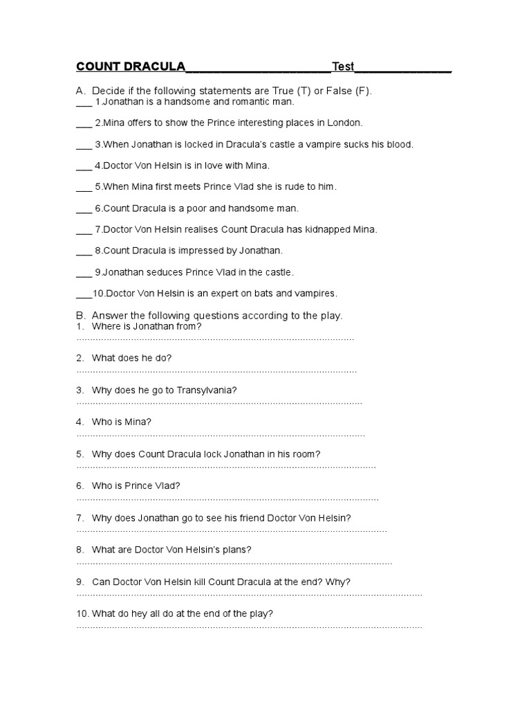 COUNT DRACULA - Test - : A. Decide If The Following Statements Are True ...