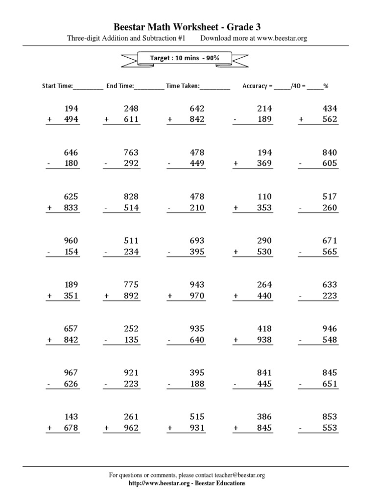 Beestar Math Worksheet - Grade 3: Target: 10 Mins - 90% | PDF ...
