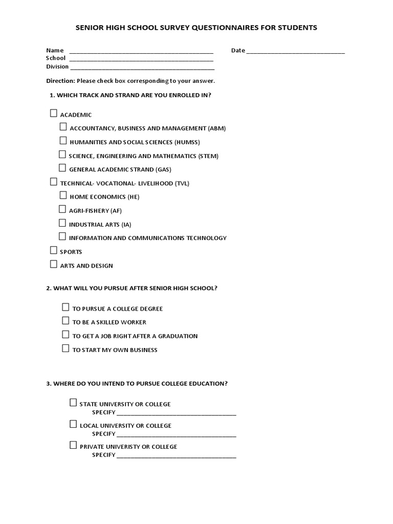 Survey Questionaire For SHS Students (Tracking Form) | PDF