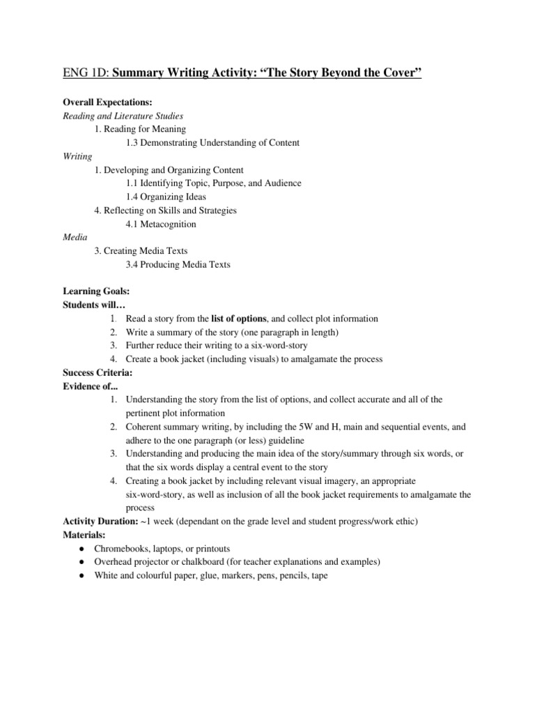 Summary Writing Assignment Eng1d W | PDF | Books | Reading Comprehension