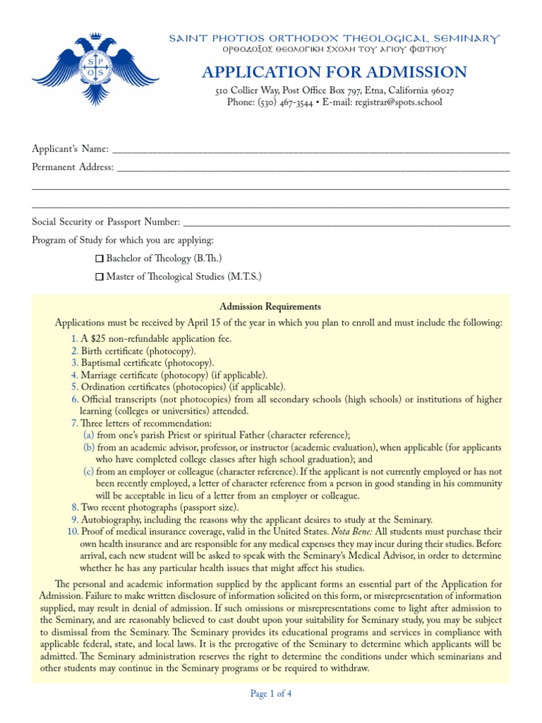 Application For Admission: Saint Photios Orthodox Theological Seminary ...