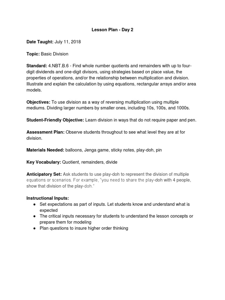 Lesson Plan Day 2 | PDF | Division (Mathematics) | Teaching Mathematics