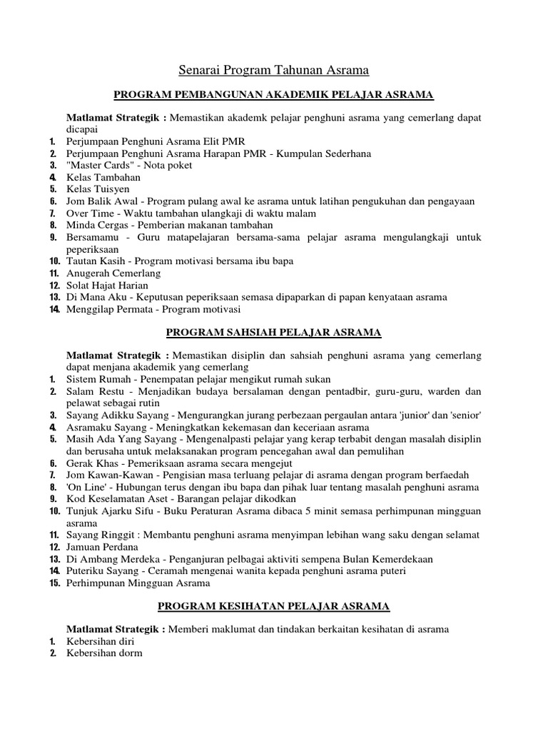 Senarai Program Tahunan Asrama | PDF