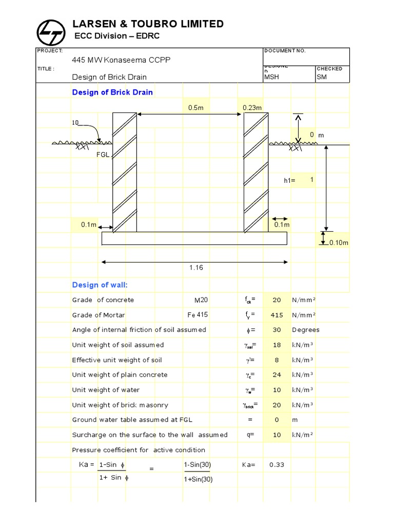 Design of Brick Drain Wall and Base Calculations | PDF | Bending ...