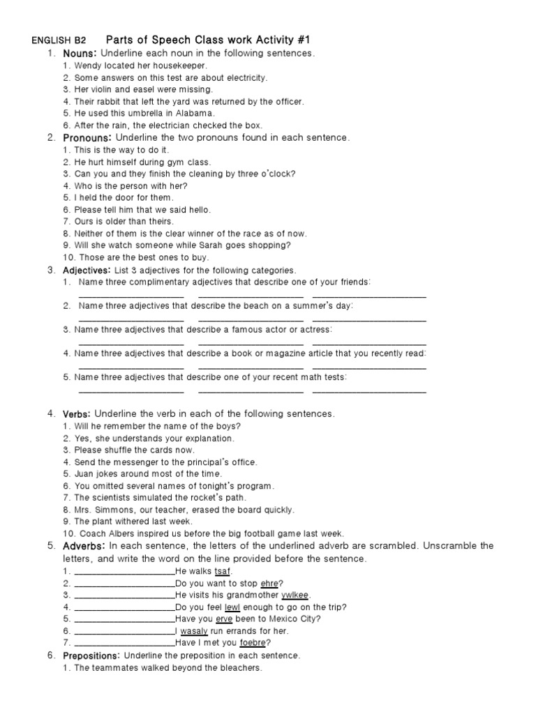 Parts of Speech Classwork 2 | PDF | Part Of Speech | Adjective