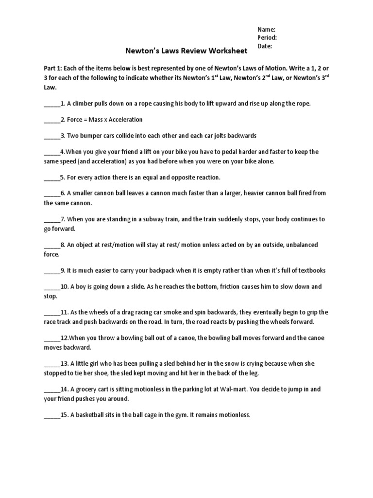 Newton's Laws Review Worksheet | PDF | Newton's Laws Of Motion | Force