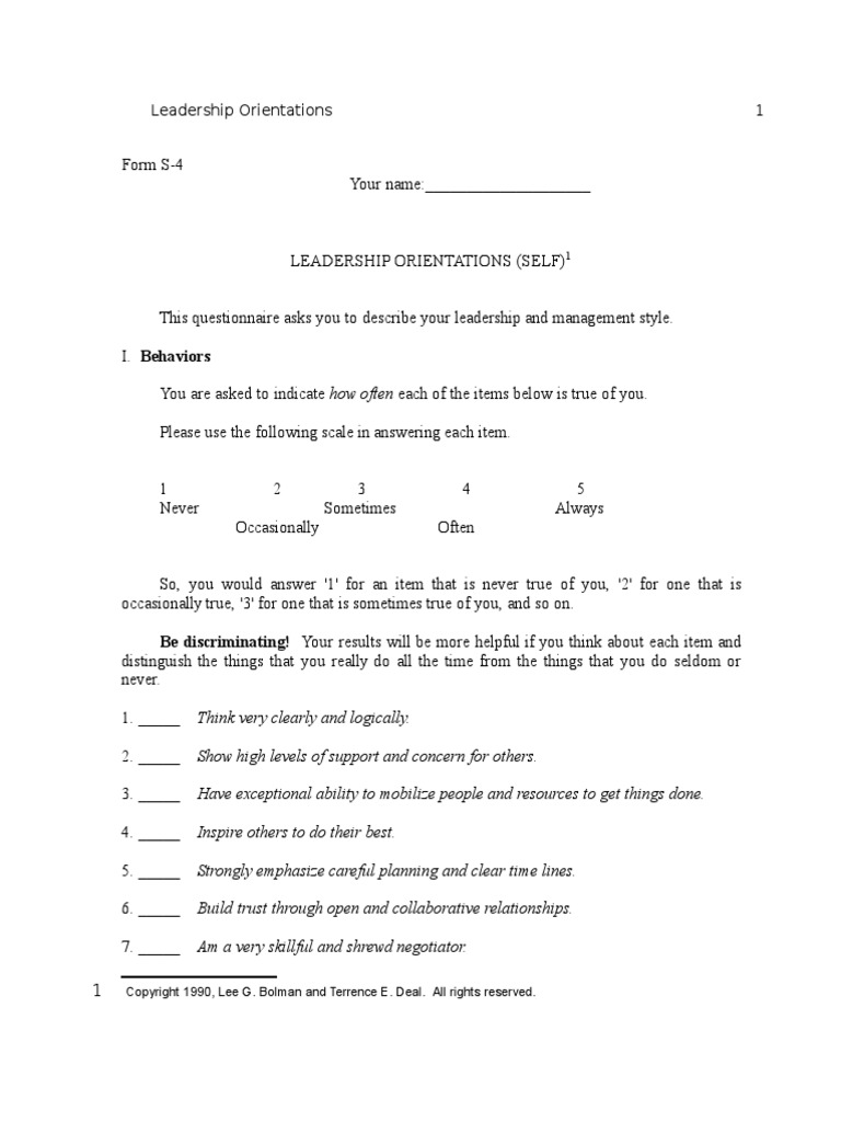 Bolman, L. G., & Deal, T. E. (1990) - Leadership Orientations (Self ...