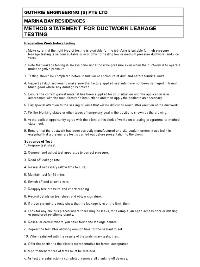 Ductwork Leakage Testing Method Statement | PDF | Duct (Flow ...