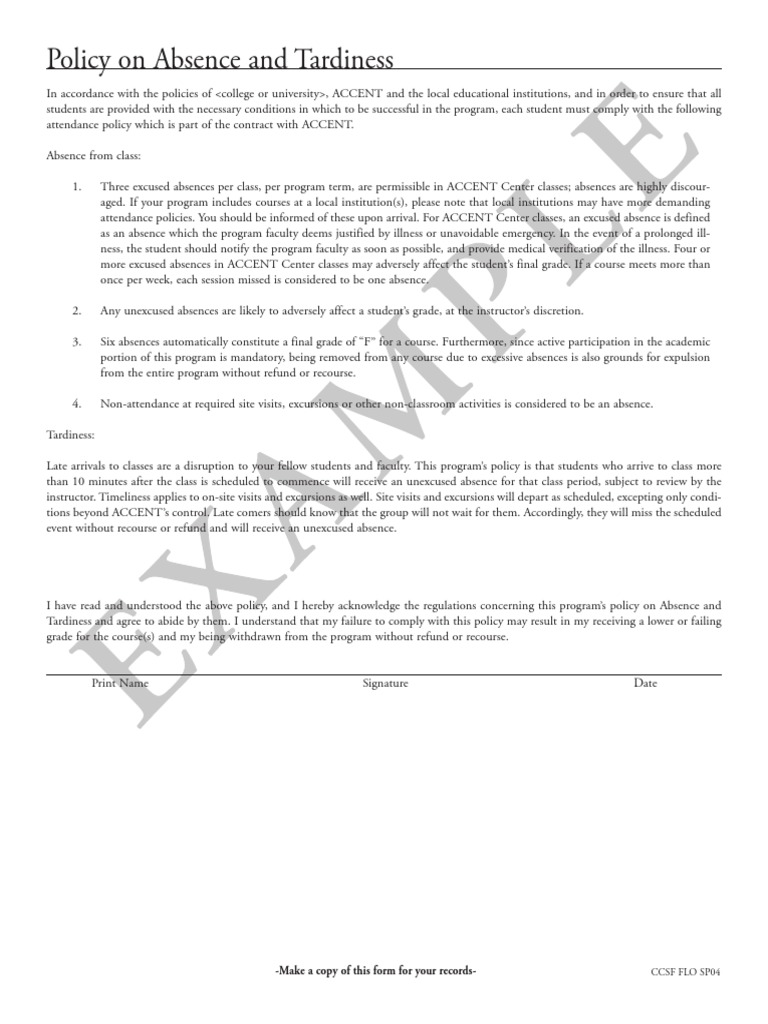 Policy On Absence and Tardiness: - Make A Copy of This Form For Your ...