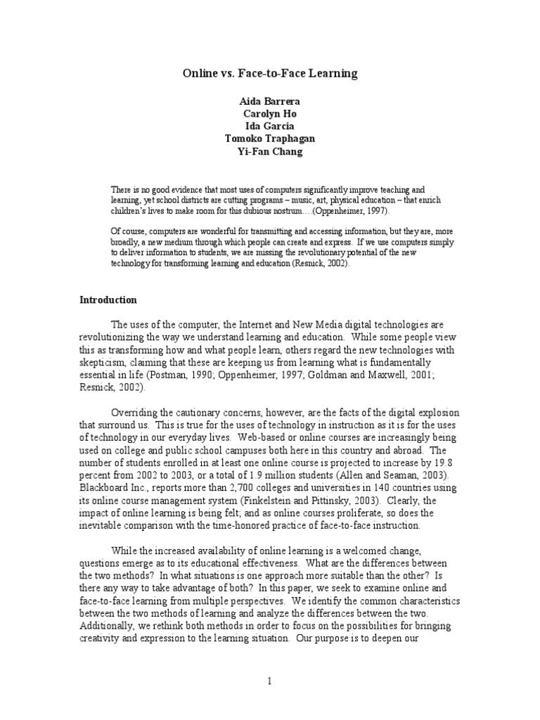 Online vs. Face-To-Face Learning | PDF | Educational Technology | Learning