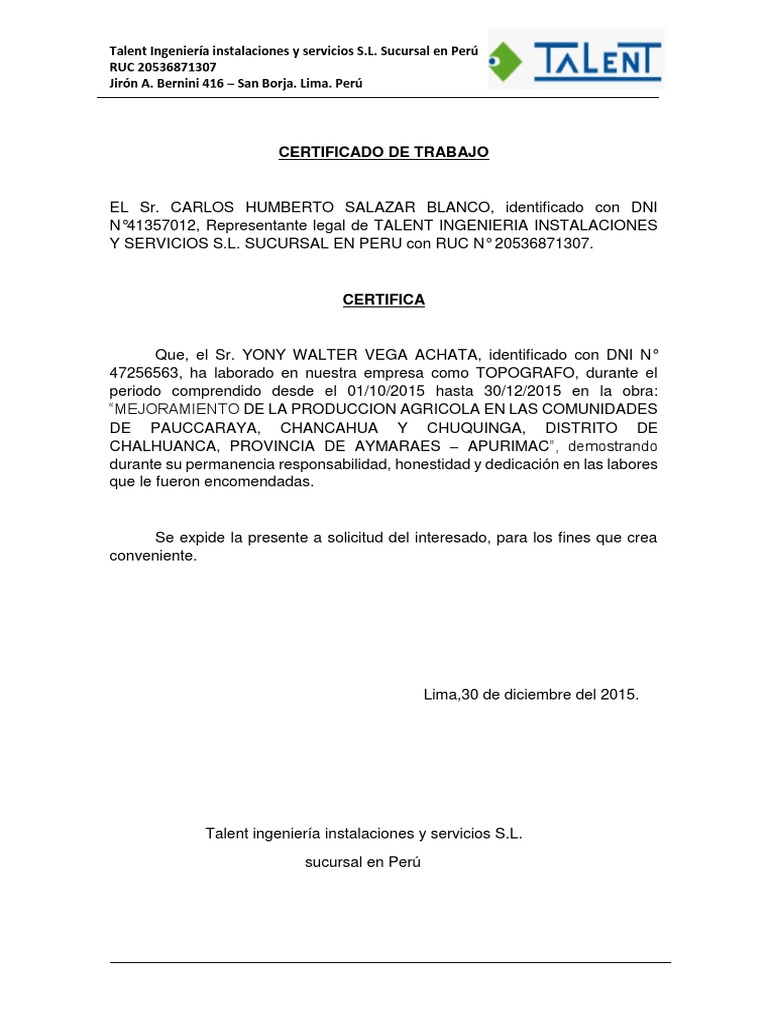 MODELO Certificado de Trabajo | PDF