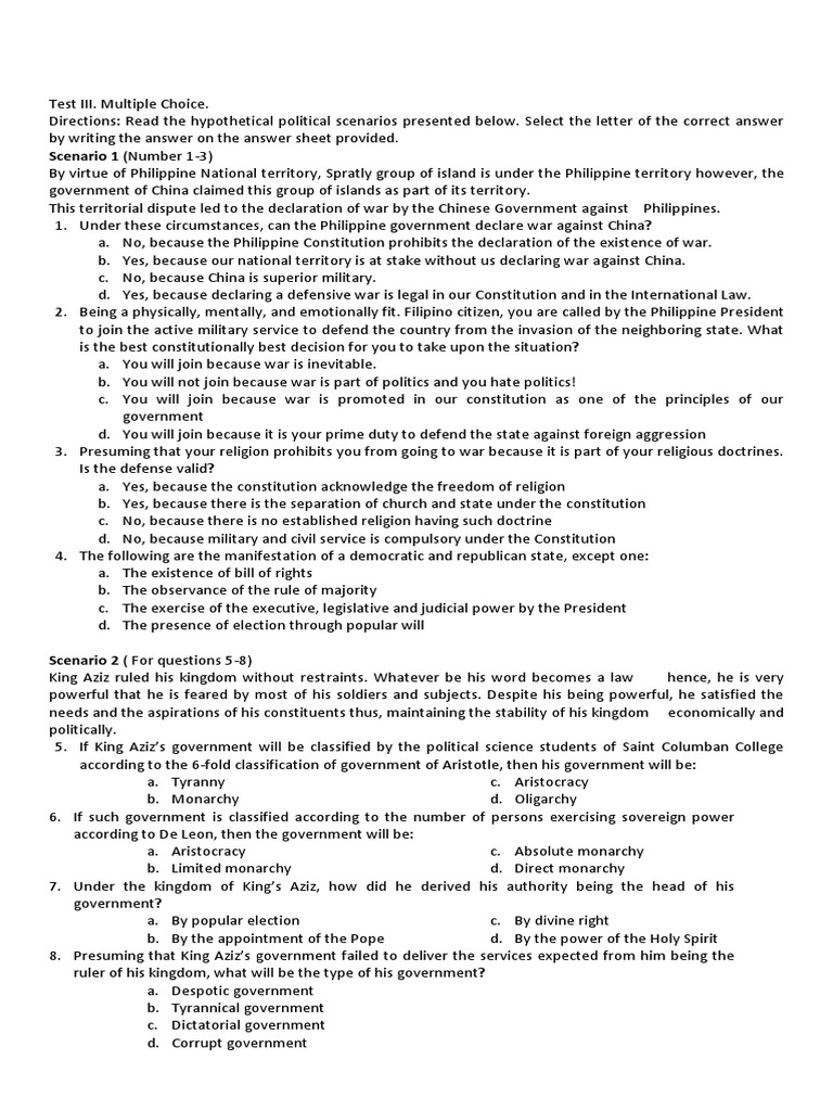 Constitutional Law and Governance: Multiple Choice Political Scenarios ...