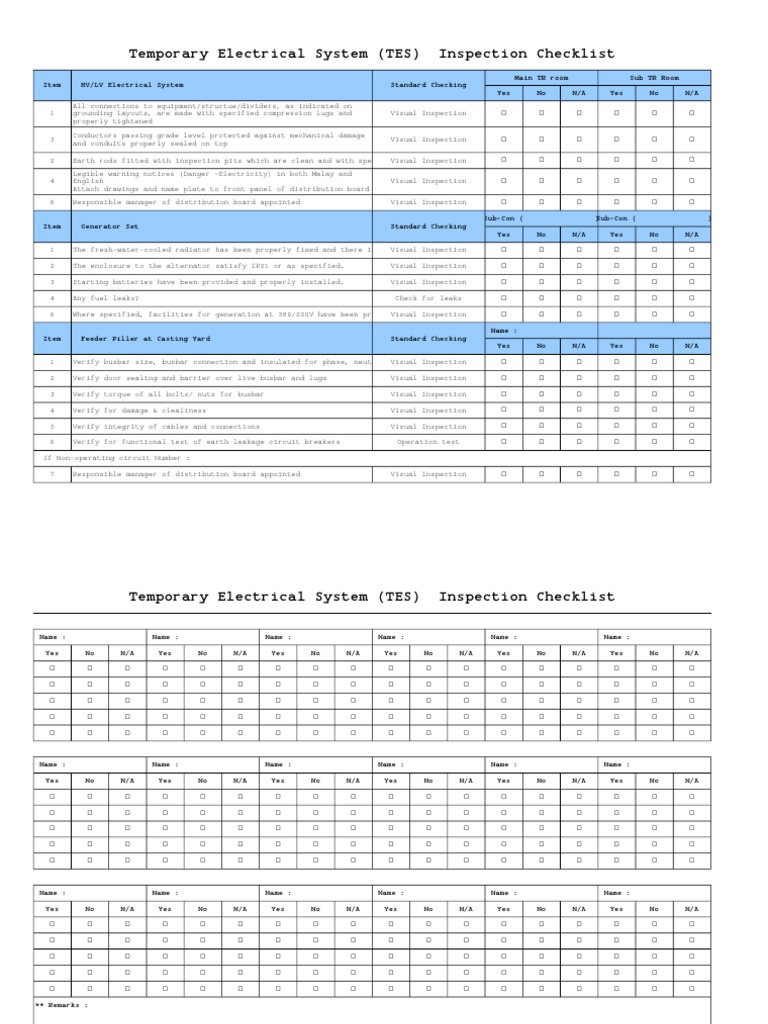 Temporary Electrical System Inspection Checklist | PDF | Electrical ...