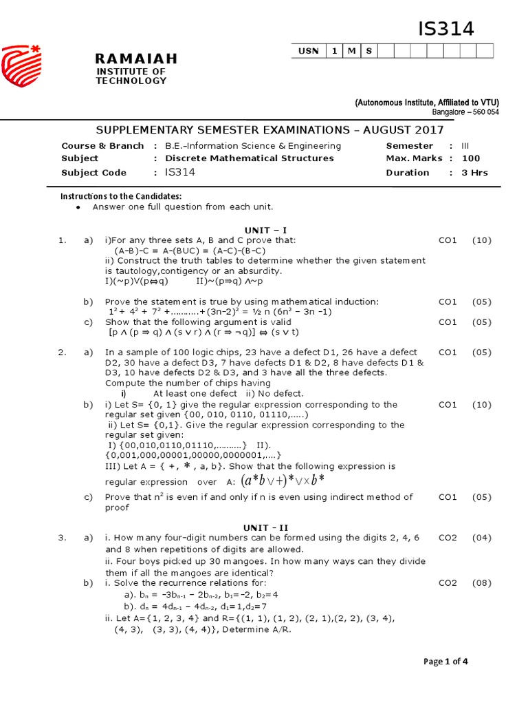 Discrete Mathematical Structures IS314 SUPPLEMENTARY EXAM 3RD SEM AUG ...
