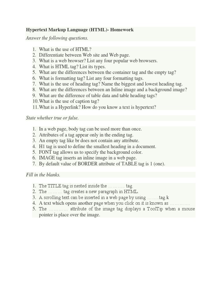 Answer The Following Questions.: Hypertext Markup Language (HTML ...
