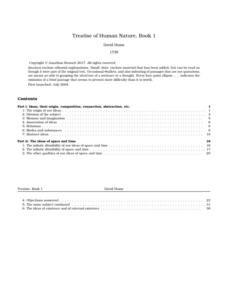 Treatise of Human Nature, Book 1: David Hume 1739 | PDF | Idea | David Hume