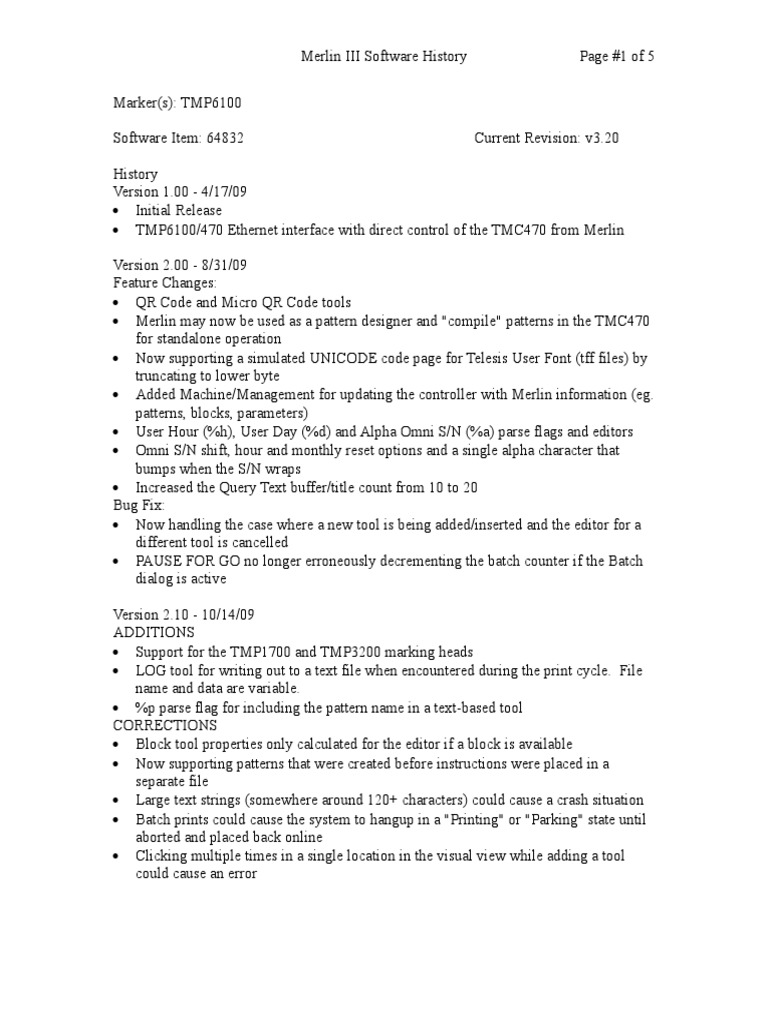 Merlin III Software Update History | PDF | Text File | Computer File