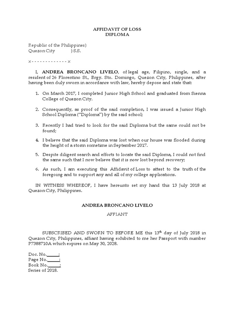 Affidavit of Loss of Diploma | Affidavit | Legal Documents