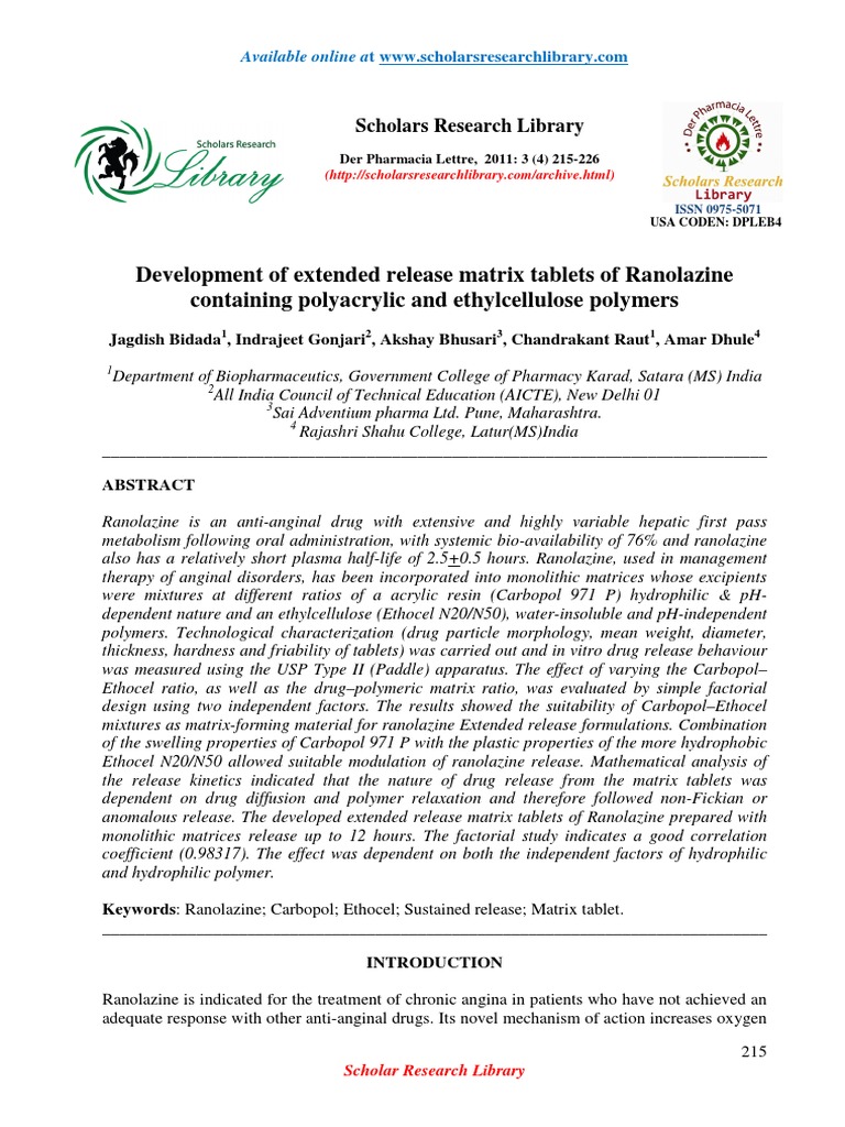 Development of Extended Release Matrix Tablets of Ranolazine Containing ...