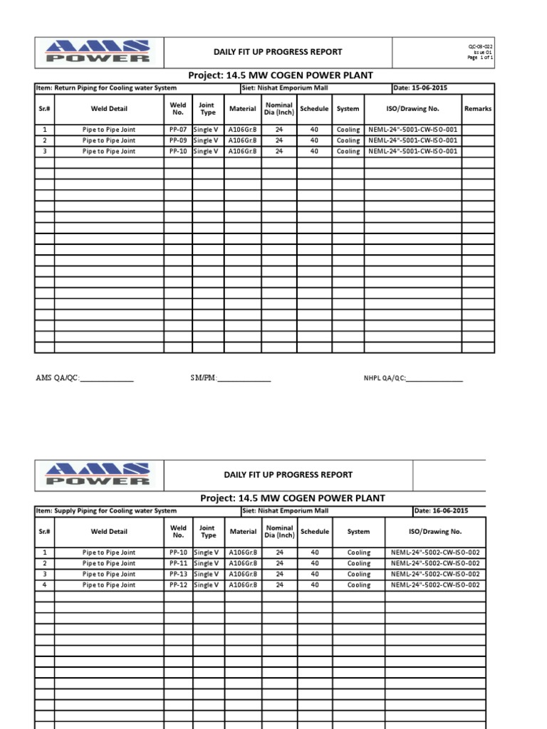 Daily Fit-Up Report: Cogen Power Plant | PDF