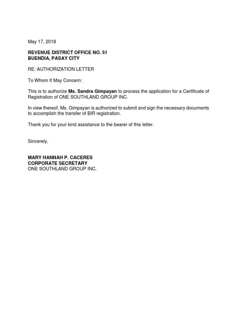 Authorization letter for BIR registration transfer | PDF
