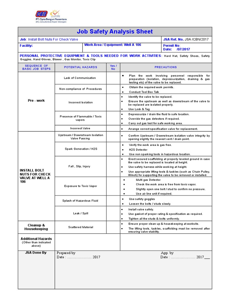Job Safety Analysis Sheet: Pre - Work | PDF | Valve | Safety
