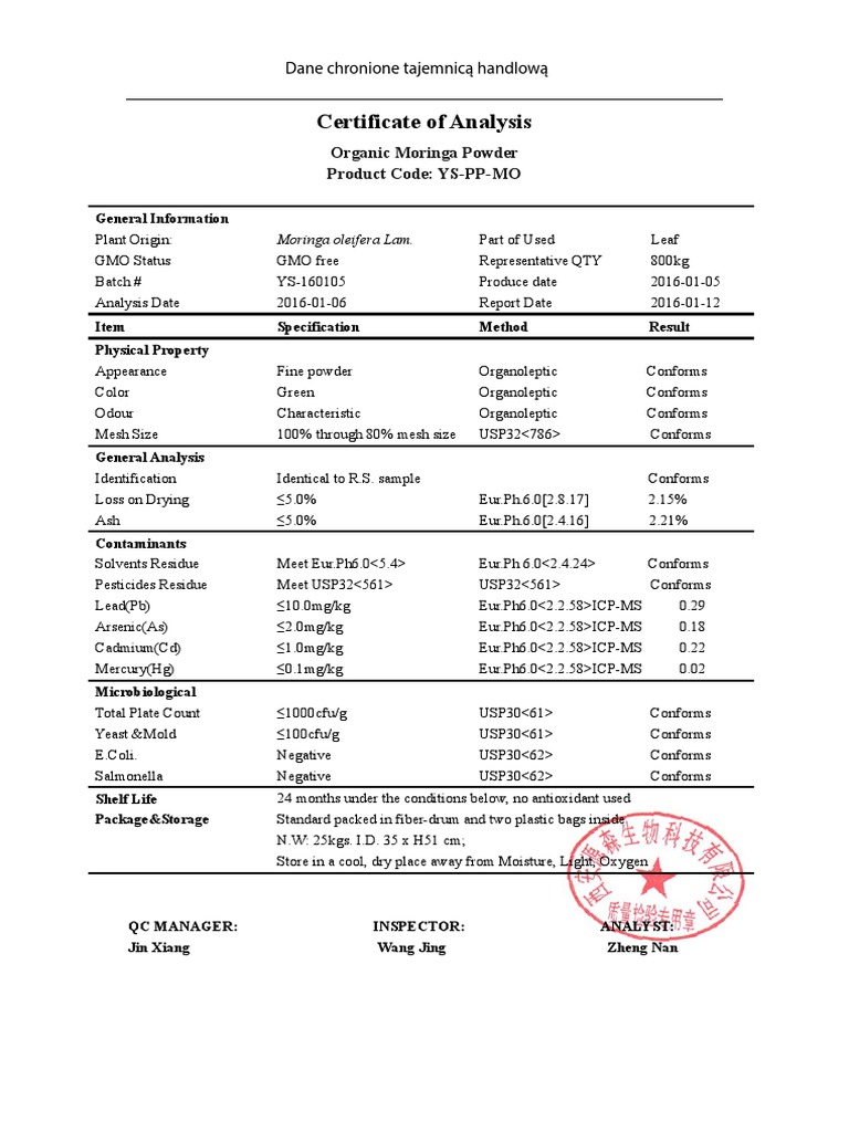 COA For Organic Moringa Powder - Sample Resport | PDF | Cadmium ...