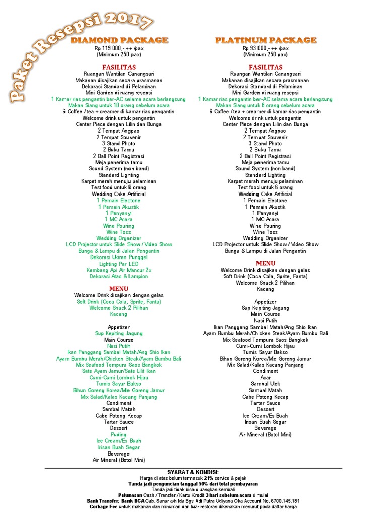 2017 Paket Resepsi Pernikahan | PDF | Memasak, Makanan, & Anggur