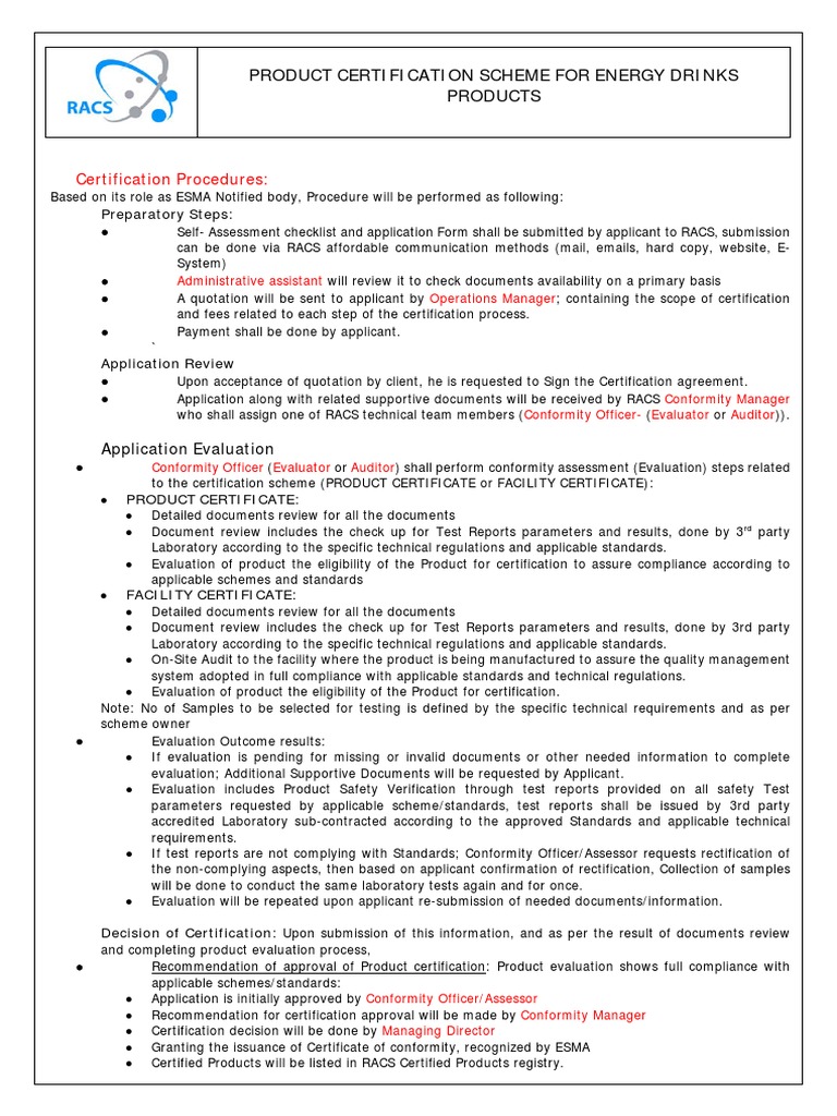 Product Certification Scheme For Energy Drinks Products | PDF ...
