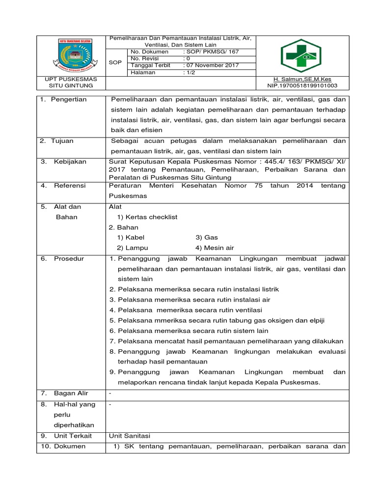 8.5.1.2 Sop Pemeliharaan Dan Pemantauan Instalasi Listrik, Air, Ventilasi | PDF | Hukum ...
