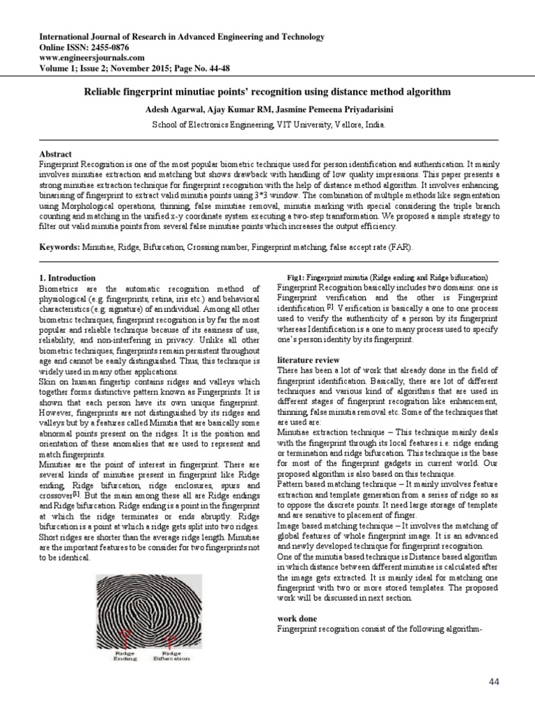 Reliable Fingerprint Minutiae Points' Recognition Using Distance Method Algorithm | PDF ...