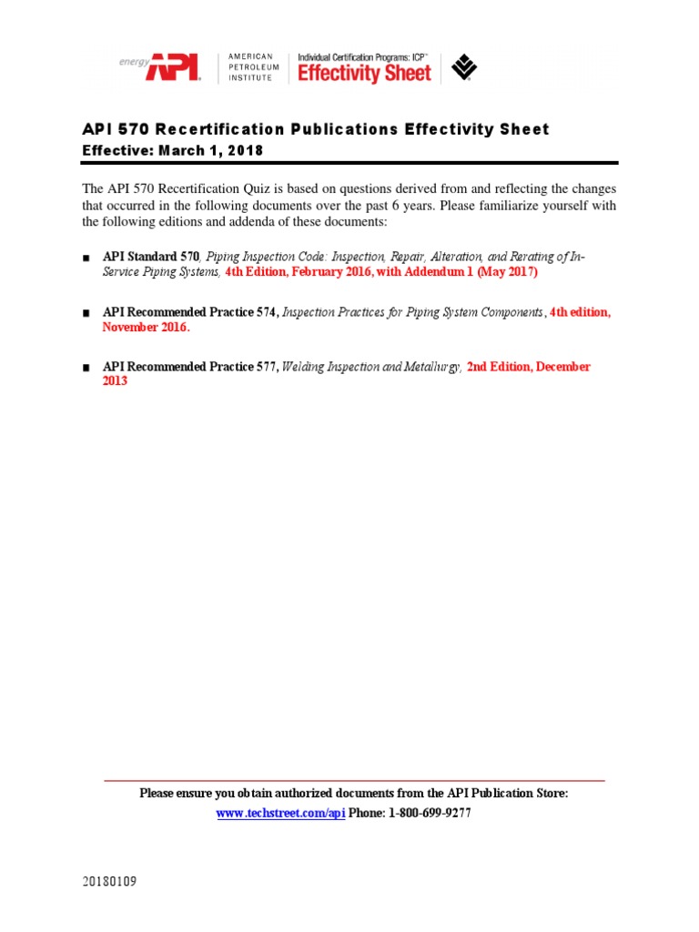 API 570 Recertification Publications Effectivity Sheet: Effective ...