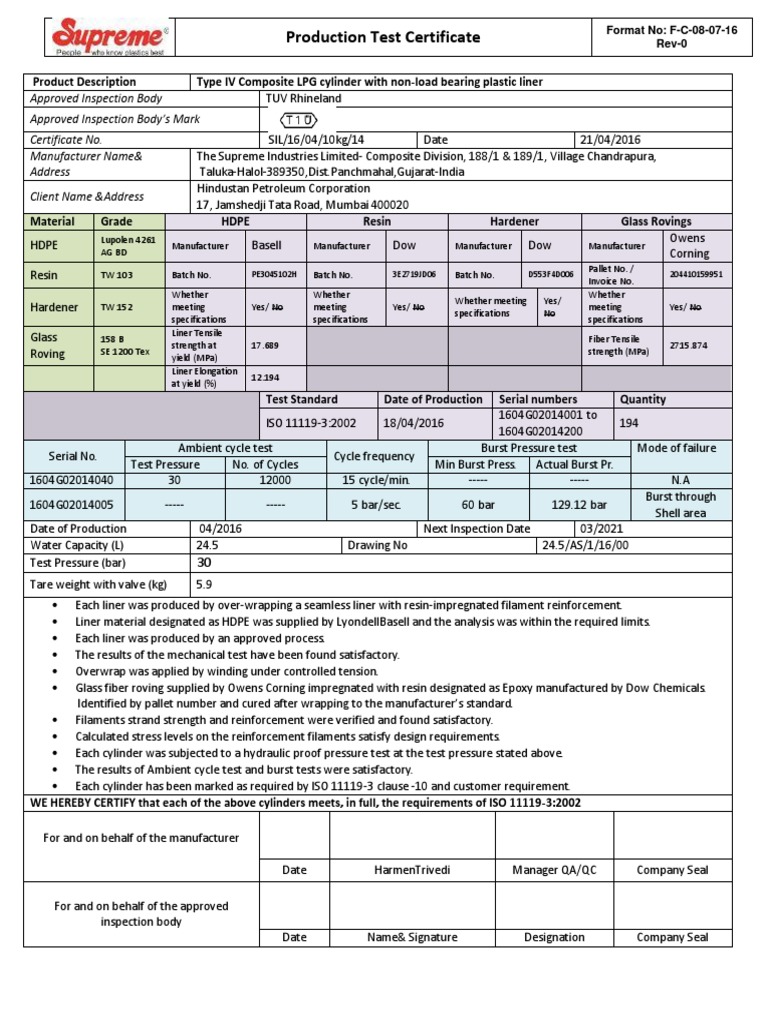 LPG Cylinder Production Test Certificate | PDF | Fiberglass | Materials