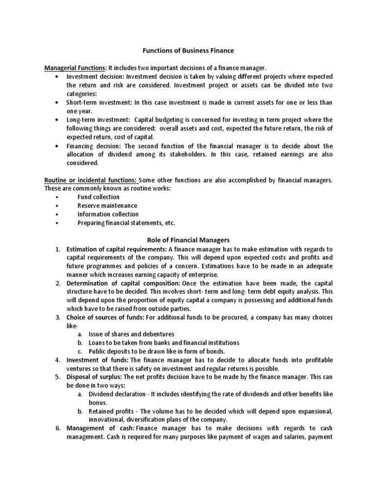 Functions of Business Finance Explained | PDF | Dividend | Partnership