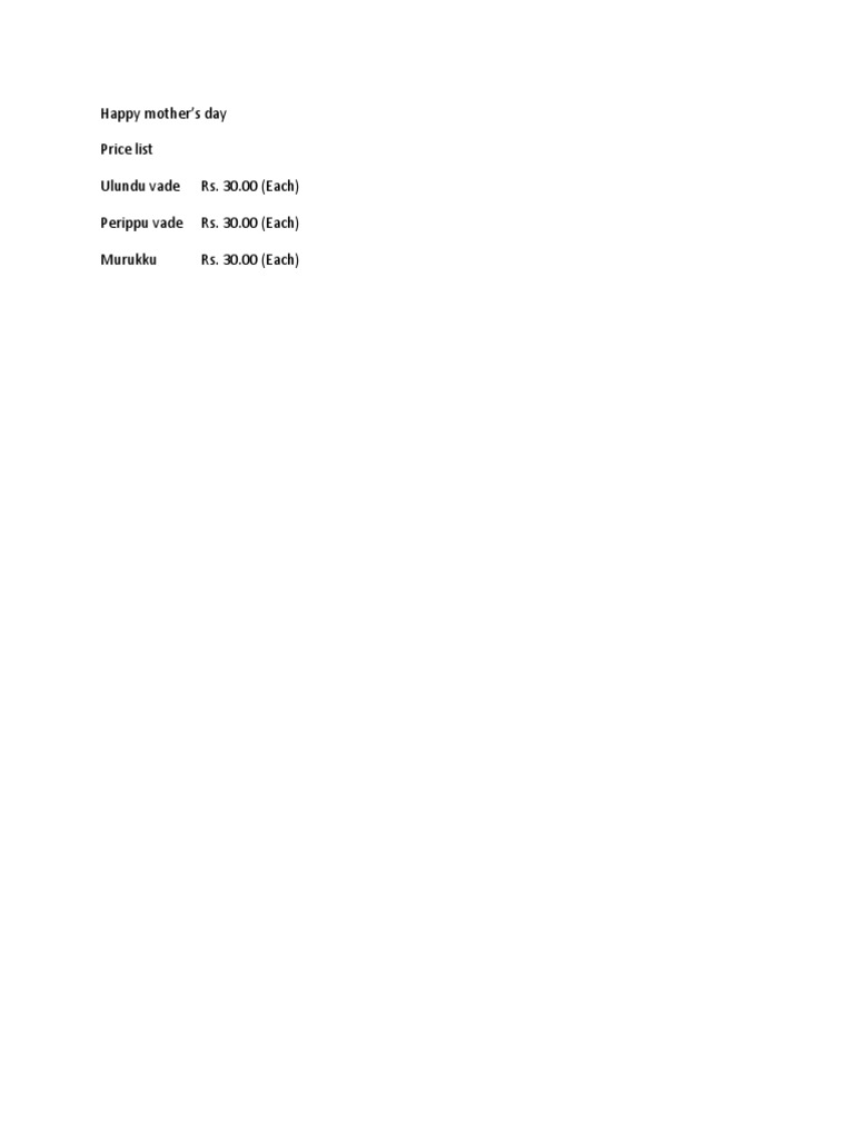 Mother's Day Snack Price List | PDF